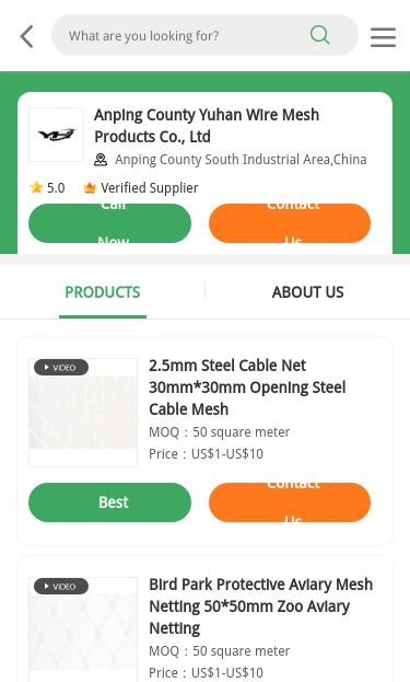 mobile interface of stainlesssteel-ropemesh.com