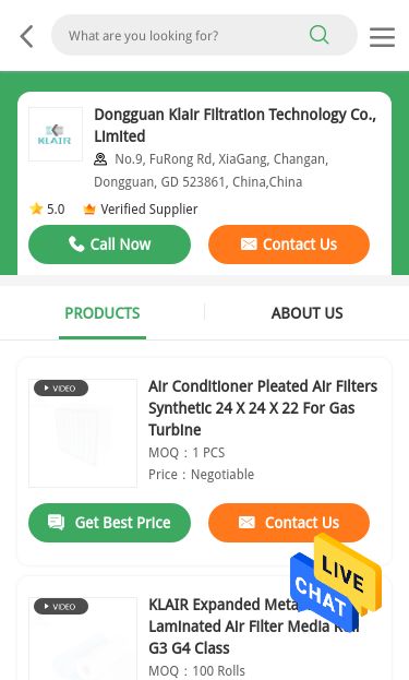 mobile interface of bagairfilters.com